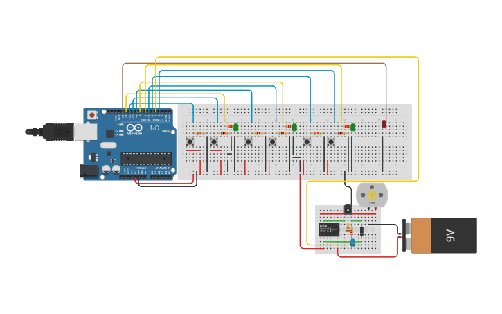 Circuit design indicador de nivel controlado por arduino UNO R3 - Tinkercad
