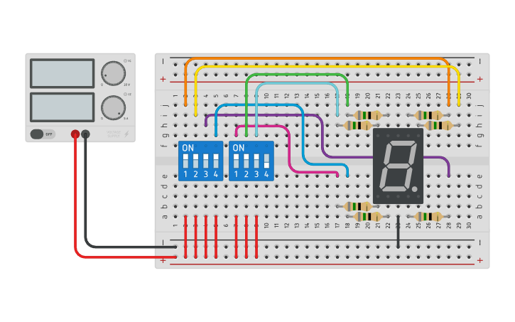 Circuit design 7 segment display with switches - Tinkercad