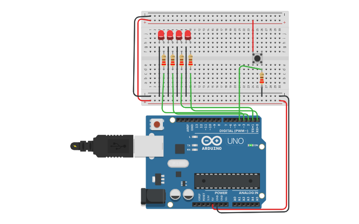 Circuit design 4 leds com botão | Tinkercad