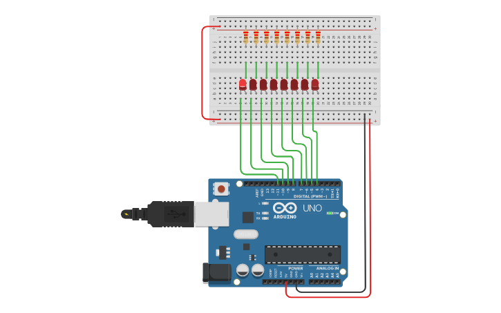 Circuit design 8個LED的跑馬燈 - Tinkercad