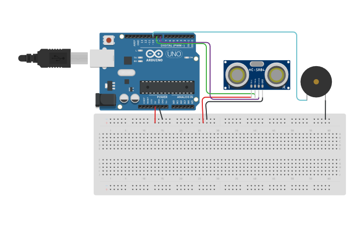 Circuit design Práctica 6 buzzer con sensor ultrasónico - Tinkercad