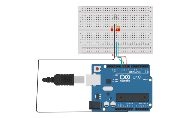 Circuit design Práctica#2. Funcionamiento de un LED RGB. - Tinkercad