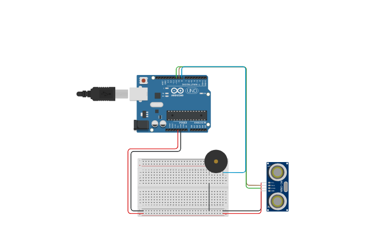 Circuit design Sensor HC-SR04 - (Buzzer) - Tinkercad