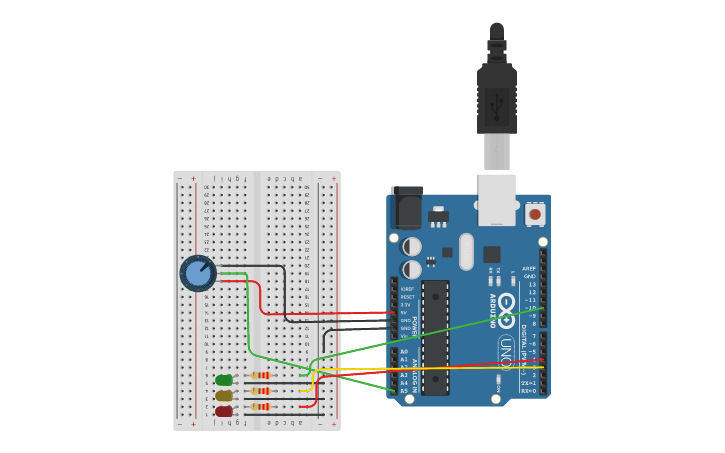Circuit design potenciómetro y leds - Tinkercad