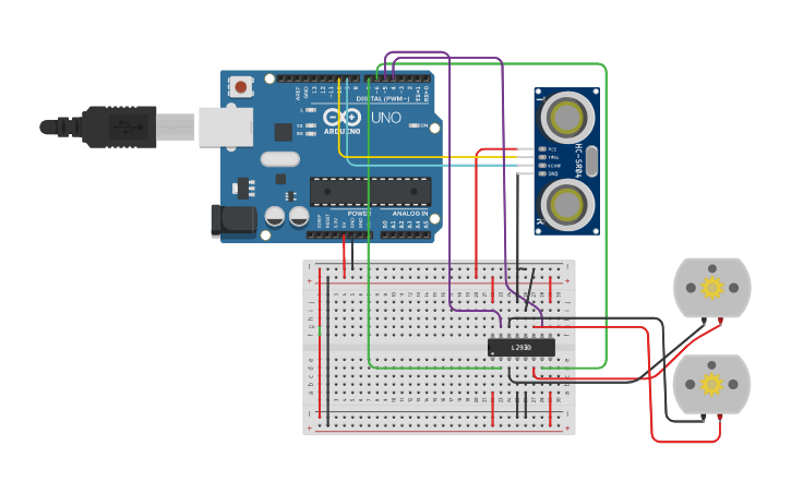 Circuit design Ultrasonico y 2 motores - Tinkercad