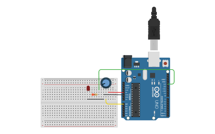 Circuit design Potentiometer LED blink control - Tinkercad