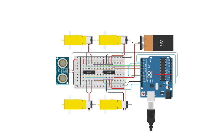 Circuit Design Arduino Controlled Obstacle Avoidance Four Motor Robot