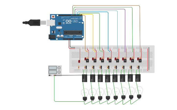 Circuit design Juego de luces con relays | Tinkercad