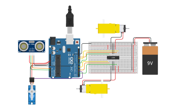 Circuit design Práctica 4-6 coche robot Arduino en C - Tinkercad Circuit design Práctica 4-6 coche robot Arduino en C - Tinkercad