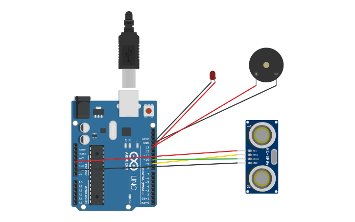 Circuit design Ultrasonic Sensor + LED + Buzzer Interfacing with Arduino - Tinkercad