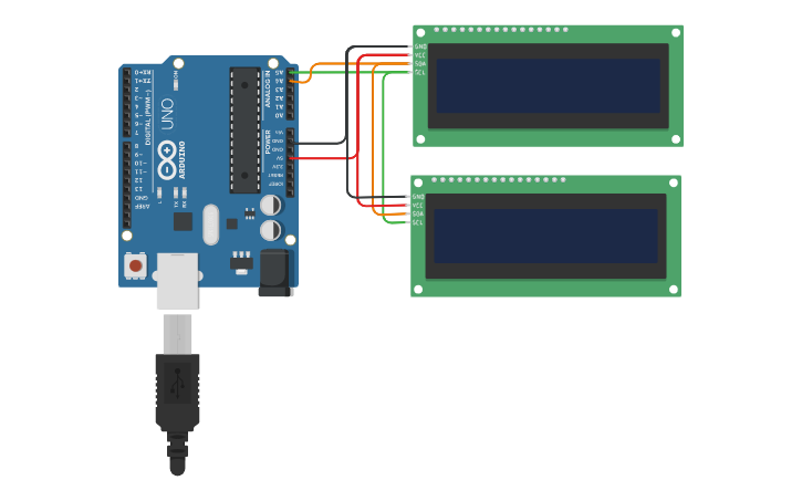 Circuit design double LCD - I2C - Tinkercad