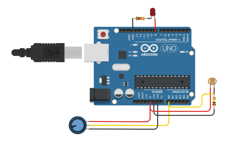 Circuit design Fotoresistor, potenciômetro e LED | Tinkercad