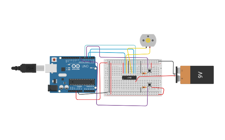 Circuit design control L293d with button - Tinkercad