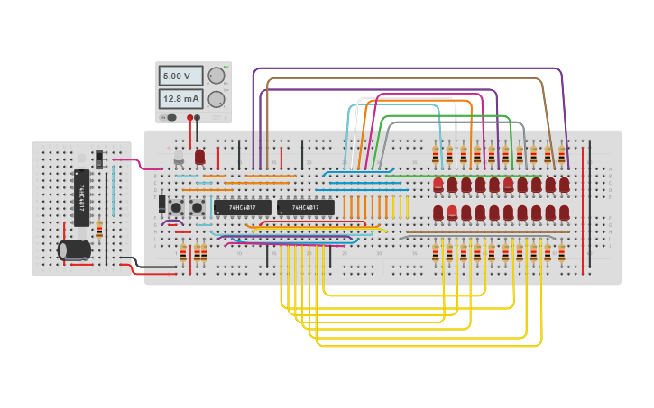 Circuit design Multiple LED control using Johnson Counter - Tinkercad