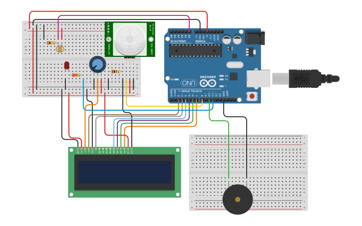 Circuit Design Copy Of Arduino With Pir And Light Sensor Lcd Display And Speaker Tinkercad