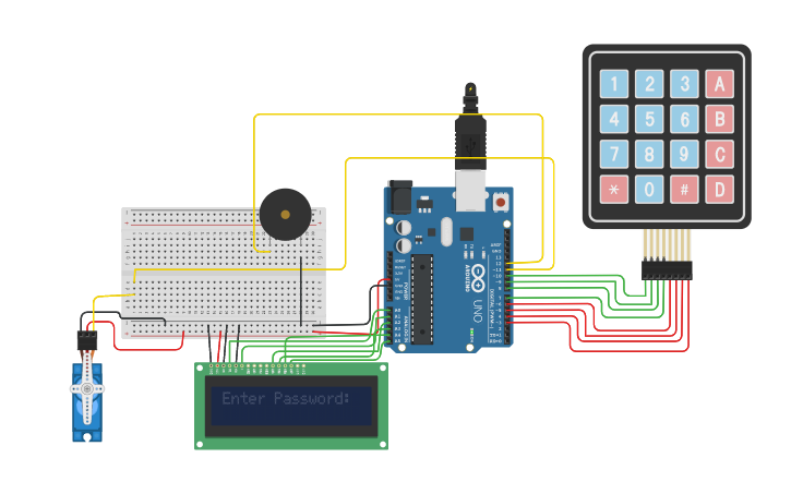 Circuit Design Password Door Locking System With Threat Alert Tinkercad