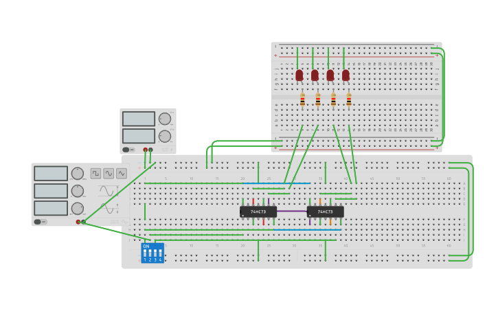 Circuit design b219035- 4bit up asynchronous counter - Tinkercad