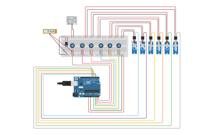 Circuit design RoboterClaw - Servos motores controlado por potenciômetros - | Tinkercad