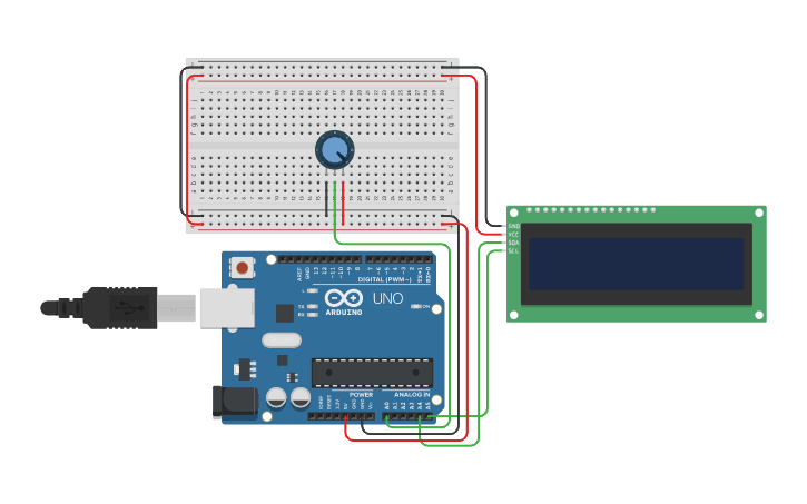 Circuit design Conversor A/D com potenciômetro e lcd 16x2 I2C - Tinkercad