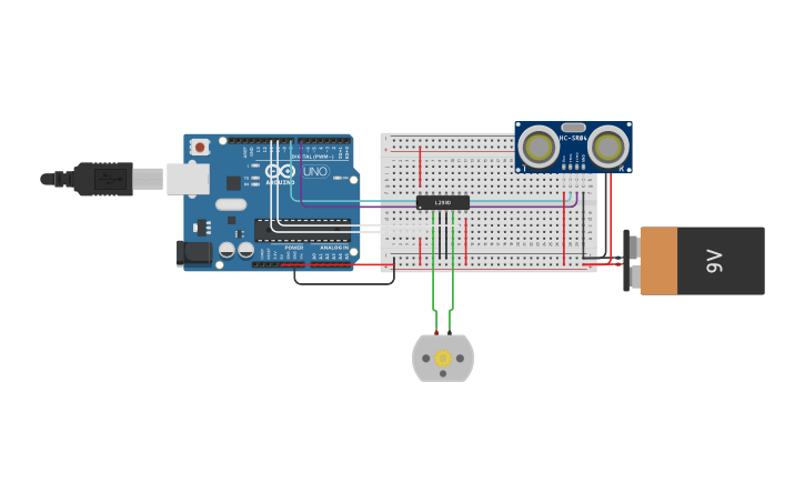 Circuit design DC motor with ultrasonic sensor - Tinkercad
