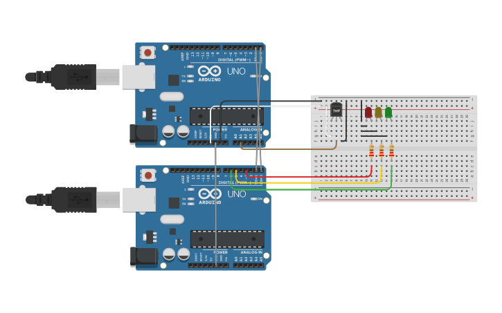 Circuit design UART Arduino Maestro-Esclavo - Tinkercad Circuit design UART Arduino Maestro-Esclavo - Tinkercad