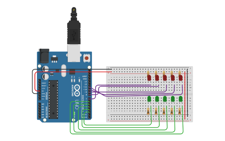 Circuit design Copy of Codigo Morse led rojo y verde | Tinkercad