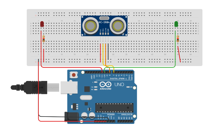 Circuit design Sensor ultrasonico con 2 leds - Tinkercad