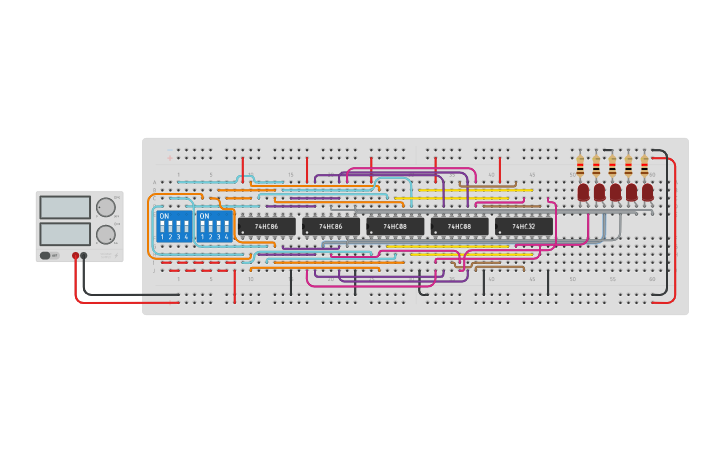 Circuit design 4 Bit Adder to LED | Tinkercad