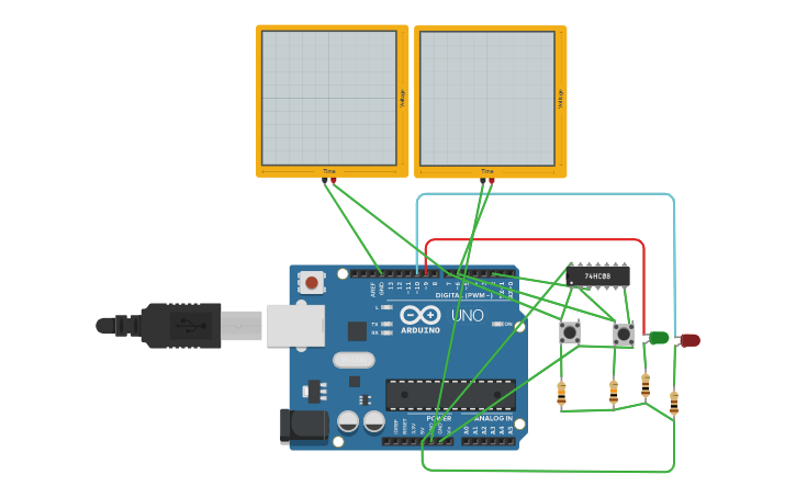 Circuit design Arduino interruption on pin 2 buttons - Tinkercad