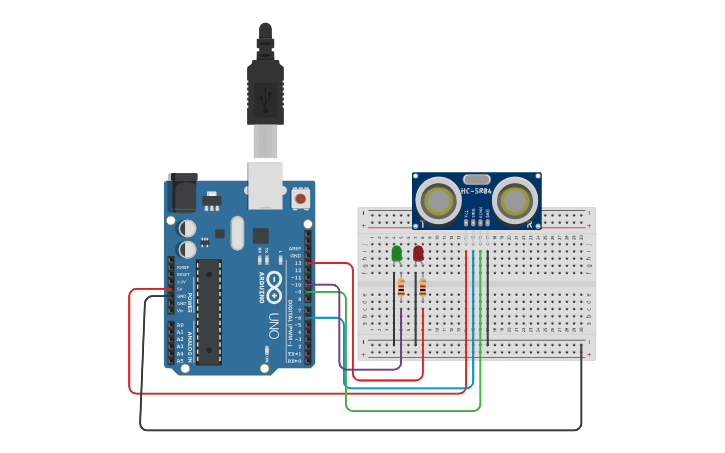 Circuit design ULTRASONIC SENSOR with LED - Tinkercad
