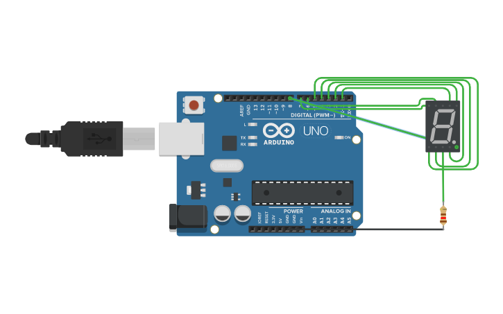 Circuit design Display de 7 segmentos. Abecedario: A/a-J/j | Tinkercad