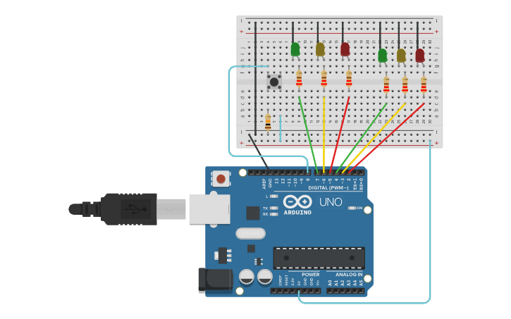 Circuit design Semaforo con Pulsador - Tinkercad