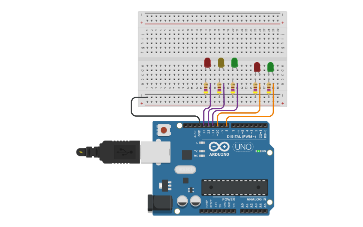 Circuit design Semáforo Carro e Pedestre - Tinkercad