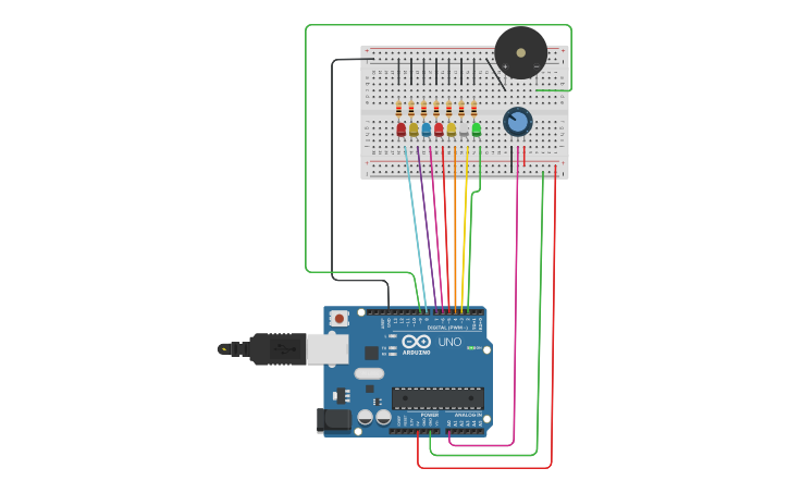 Circuit design Encendido de leds con potenciometro y piezo - Tinkercad