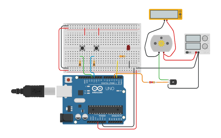 Circuit design Motore CC Start e Stop - Tinkercad