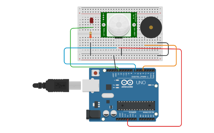 Circuit design Sensor de movimiento (buzzer y relevador) - Tinkercad