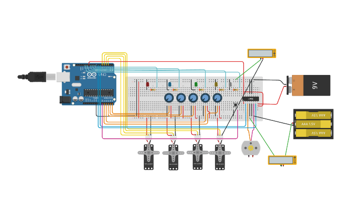 Circuit Design Control 4 Servos And Dc Motor Using Arduino Tinkercad