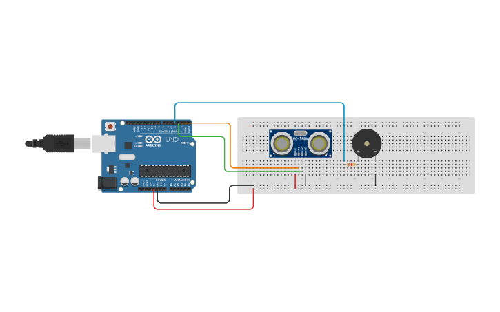 Circuit design TLS - Sensor Ultrasónico + Piezo - Tinkercad