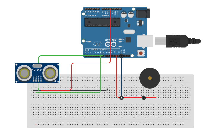 Circuit design alarma con sensor ultrasónico | Tinkercad