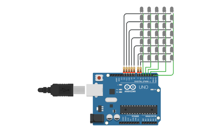 Circuit design 5x7 LED Initial Name Letter A - Tinkercad