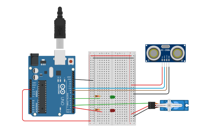 Circuit design Ultrasonic Sensor/ Boom Gate/ LED lights Circuit - Tinkercad