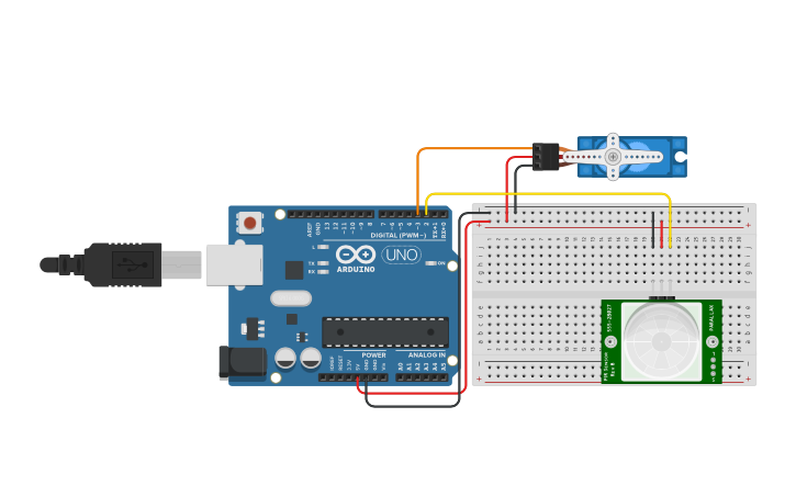 Circuit design Servomotor + Sensor Movimiento - Tinkercad