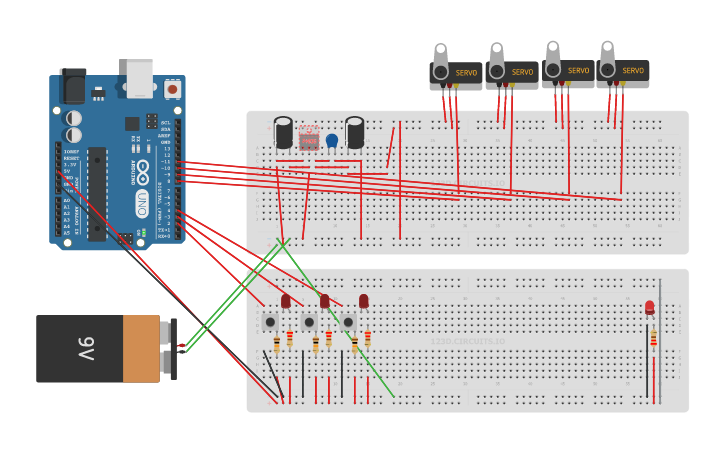 Circuit design 4 servos 3 buttons 4 leds - Tinkercad