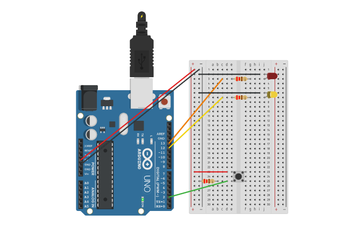 Circuit design Two Led One button - Class4 | Tinkercad