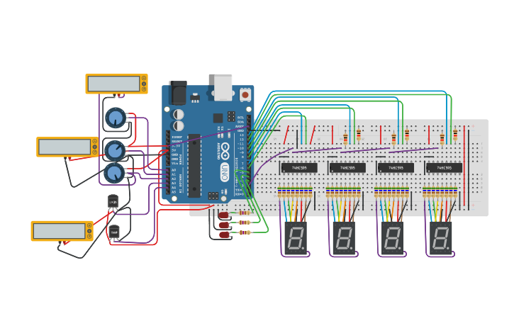 Circuit design SEG7 + 74HC595 nerD SuS measuring U, TempLM35, TMP36 ...