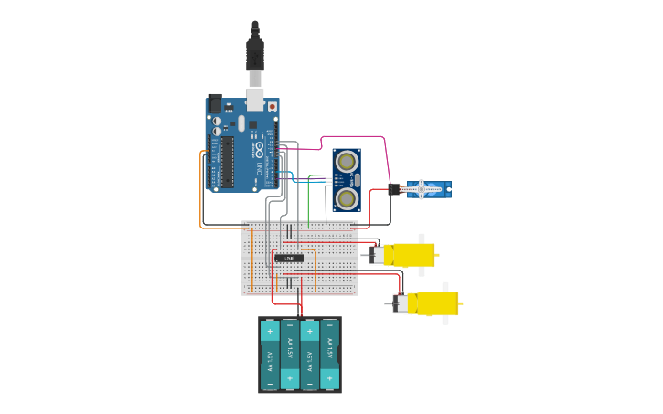 Circuit design Sensor Ultrassônico, Motor e Servo Motor - Tinkercad