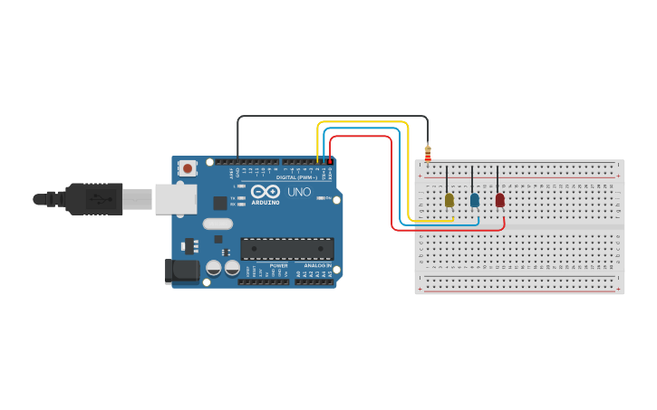 Circuit design Con funciones secuencia de encendido de 3 leds - Tinkercad