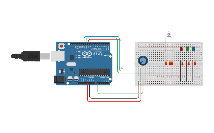 Circuit design RGB Led & potentiometer - Tinkercad