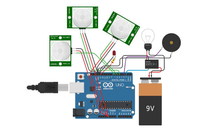Circuit design 7.4 3 PIR LED Relay Bulb Buzzer | Tinkercad