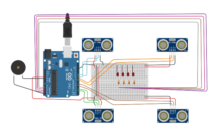 Circuit design car with 4 ultrasonic sensors on each side | Tinkercad